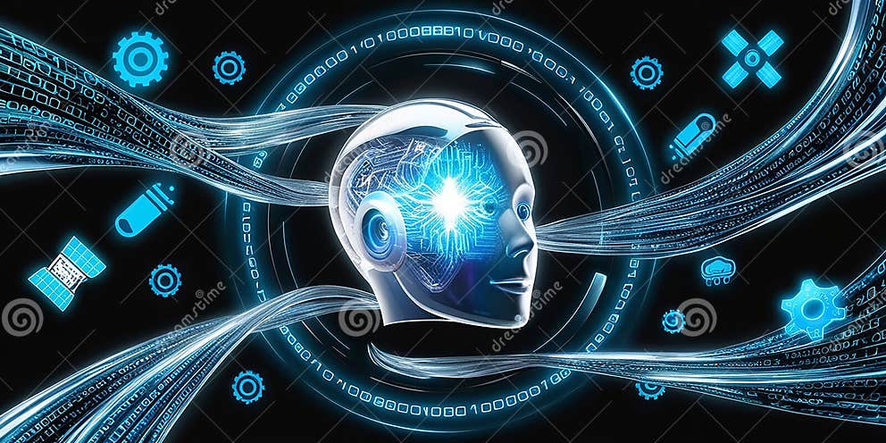 Virtual Assistant Bot with a Glowing Digital Brain Hovering in Mid-air ...