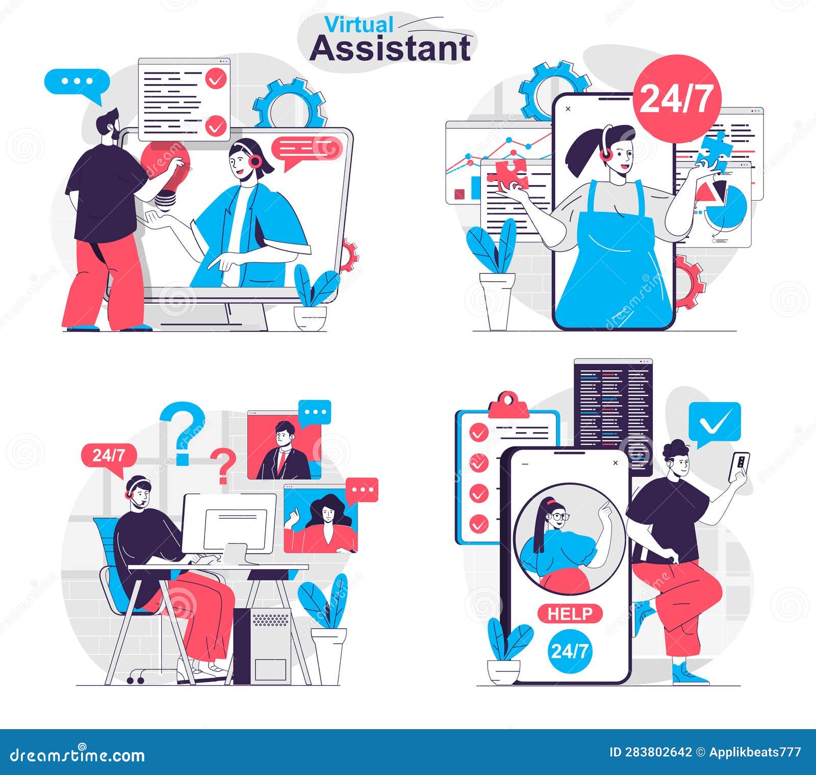Virtual Assistant Concept Set. Online Communication with Customers ...