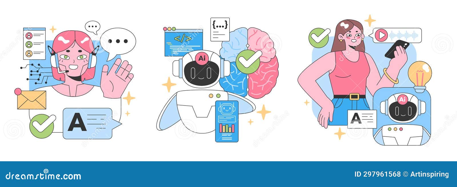 Virtual Assistant Set. Flat Vector Illustration. Stock Illustration ...