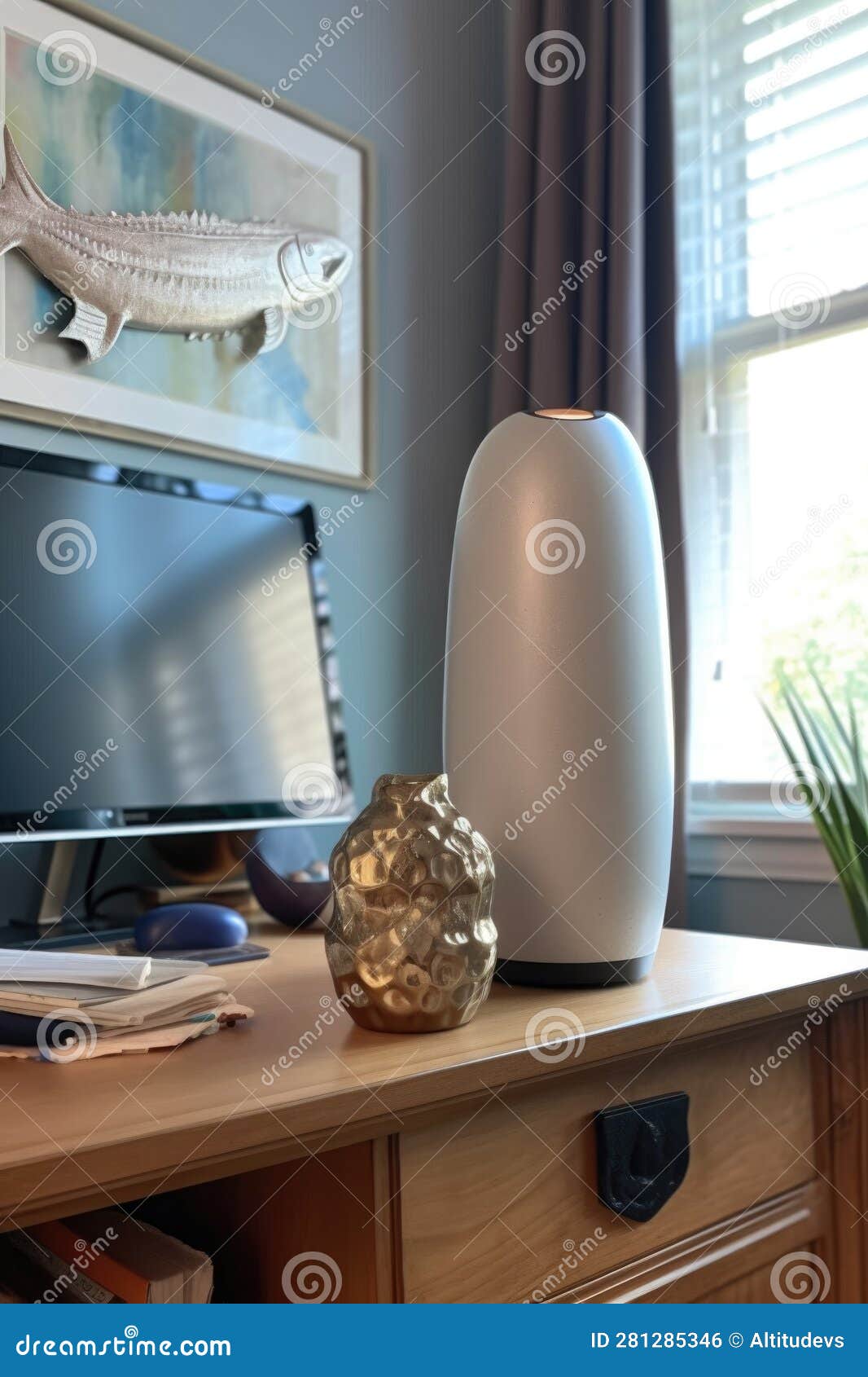 Virtual Assistant Voice Command Speaker on a Desk Stock Illustration ...