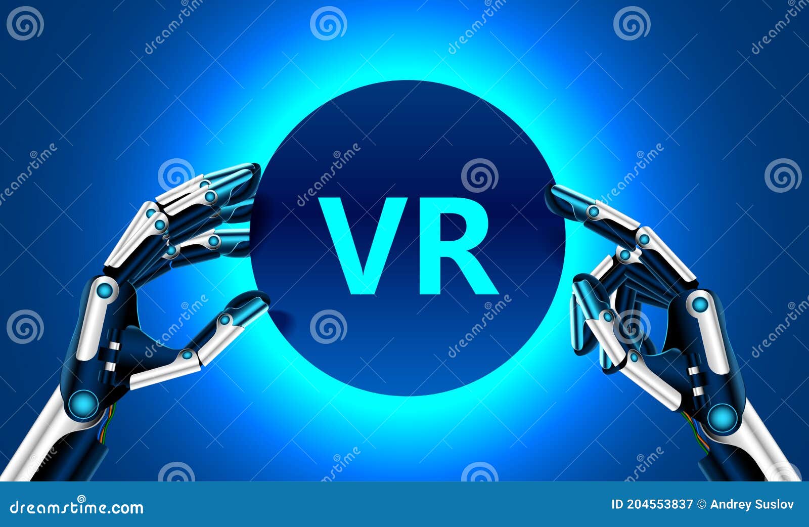 The Hands of a Robot or Cyborg Holding a Round Banner. First-person ...