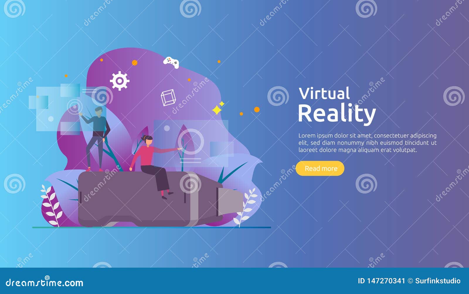 Virtual Augmented Reality. People Character Touching VR Interface and ...