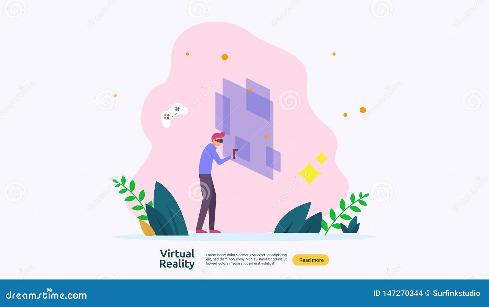 Virtual Augmented Reality. People Character Touching VR Interface and ...