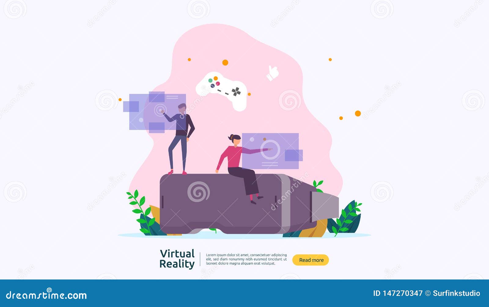 Virtual Augmented Reality. People Character Touching VR Interface and ...