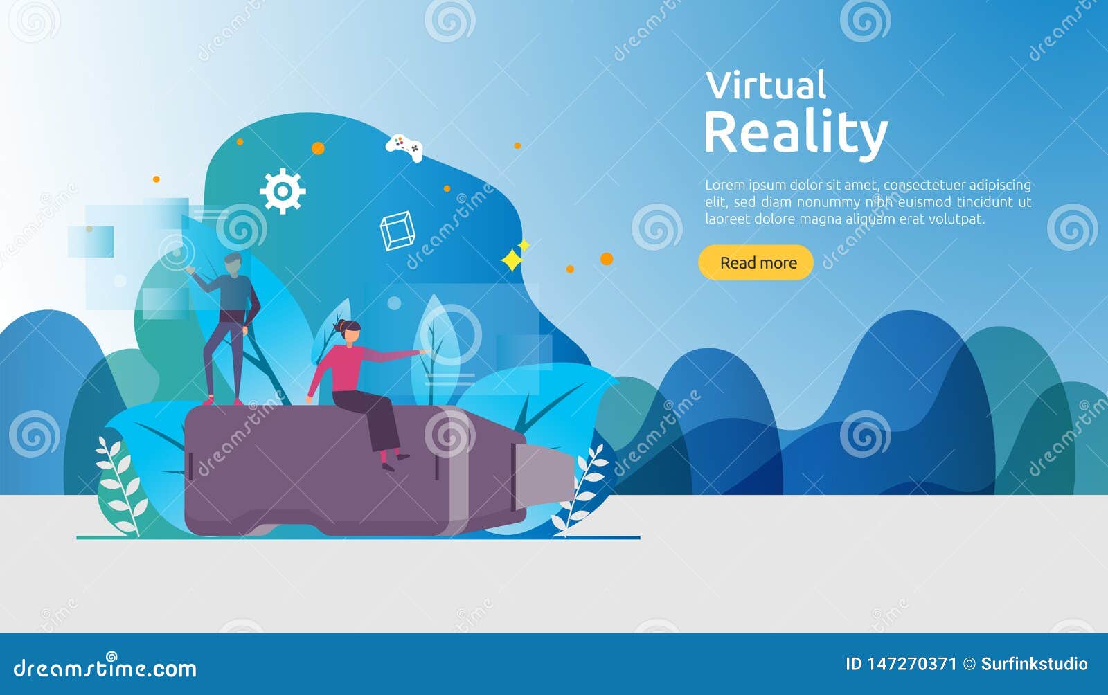 Virtual Augmented Reality. People Character Touching VR Interface and ...