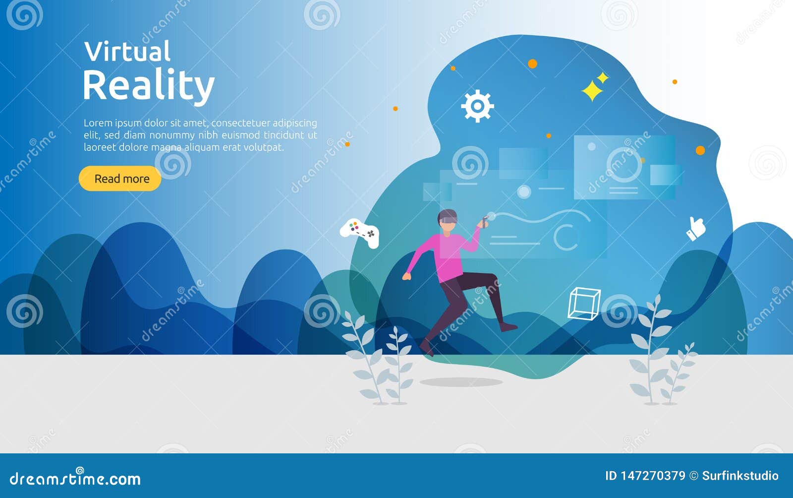 Virtual Augmented Reality. People Character Touching VR Interface and ...