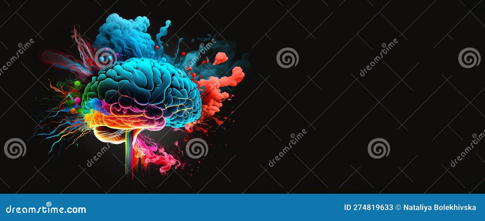 Virtual Brain with Bright Explosion Isolated on Black Banner ...