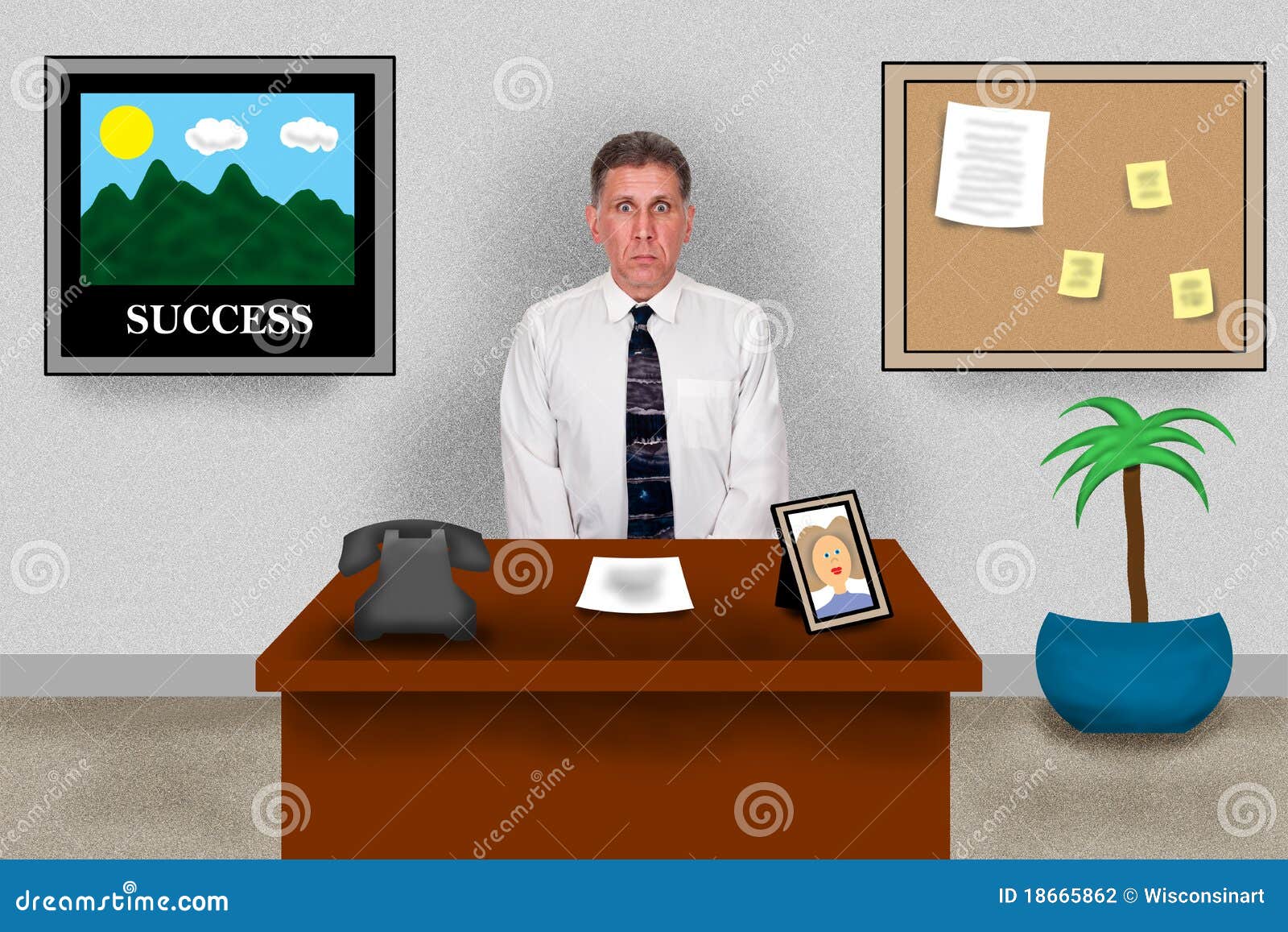 Virtual Business Office, Man Sitting at Work Desk Stock Illustration ...