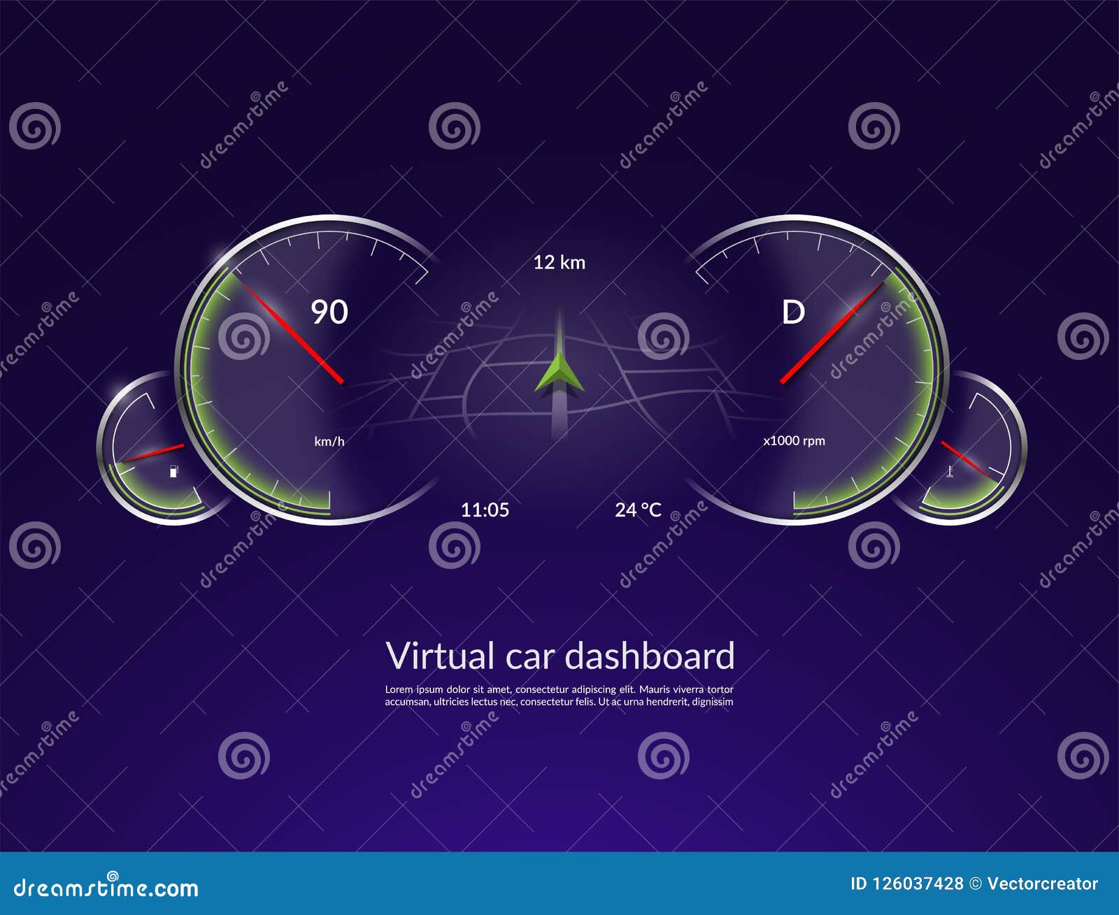 Virtual Car Dashboard Concept. HUD Vehicle Interface with Navigation ...