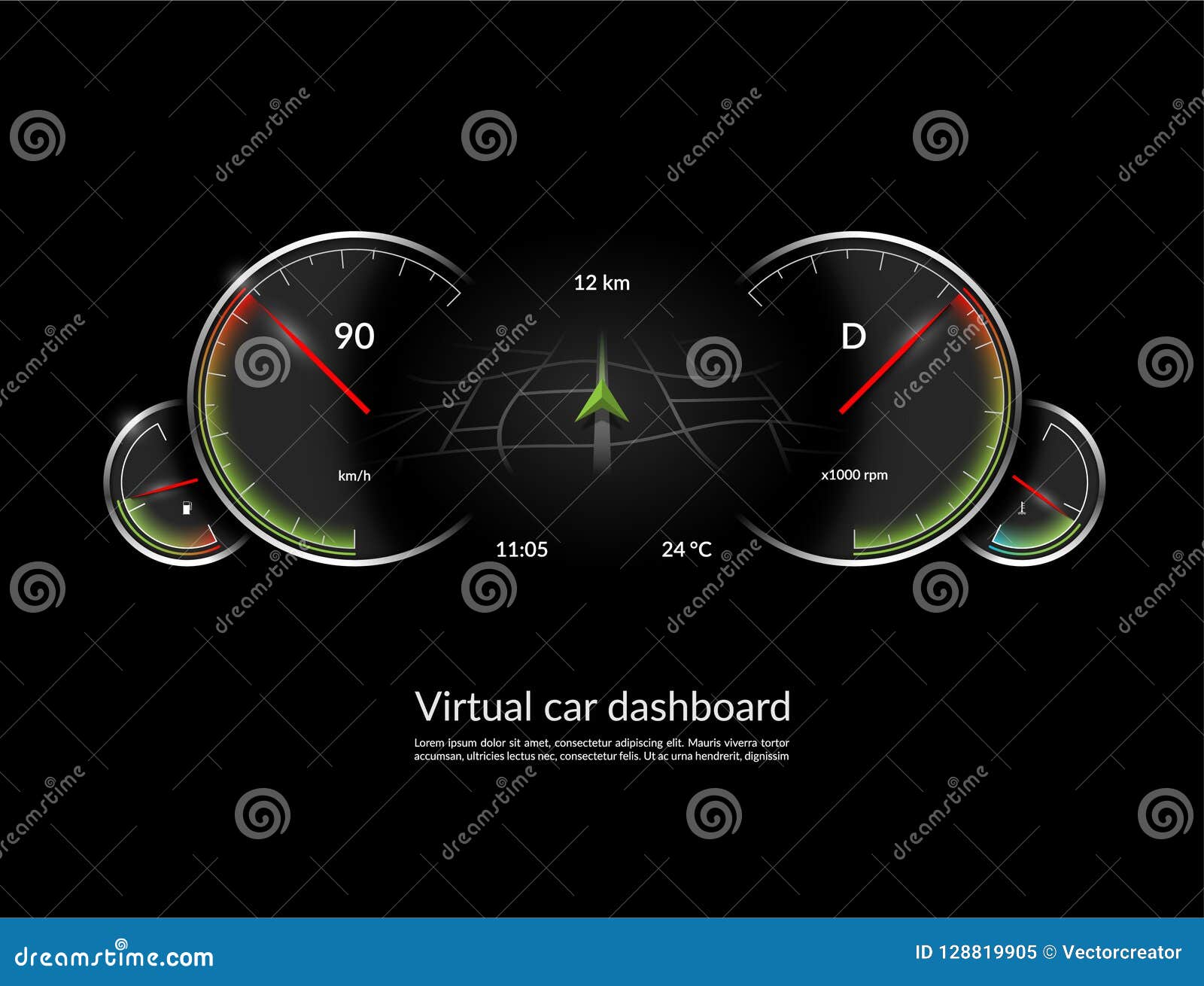 Virtual Car Dashboard Concept. HUD Vehicle Interface with Navigation ...