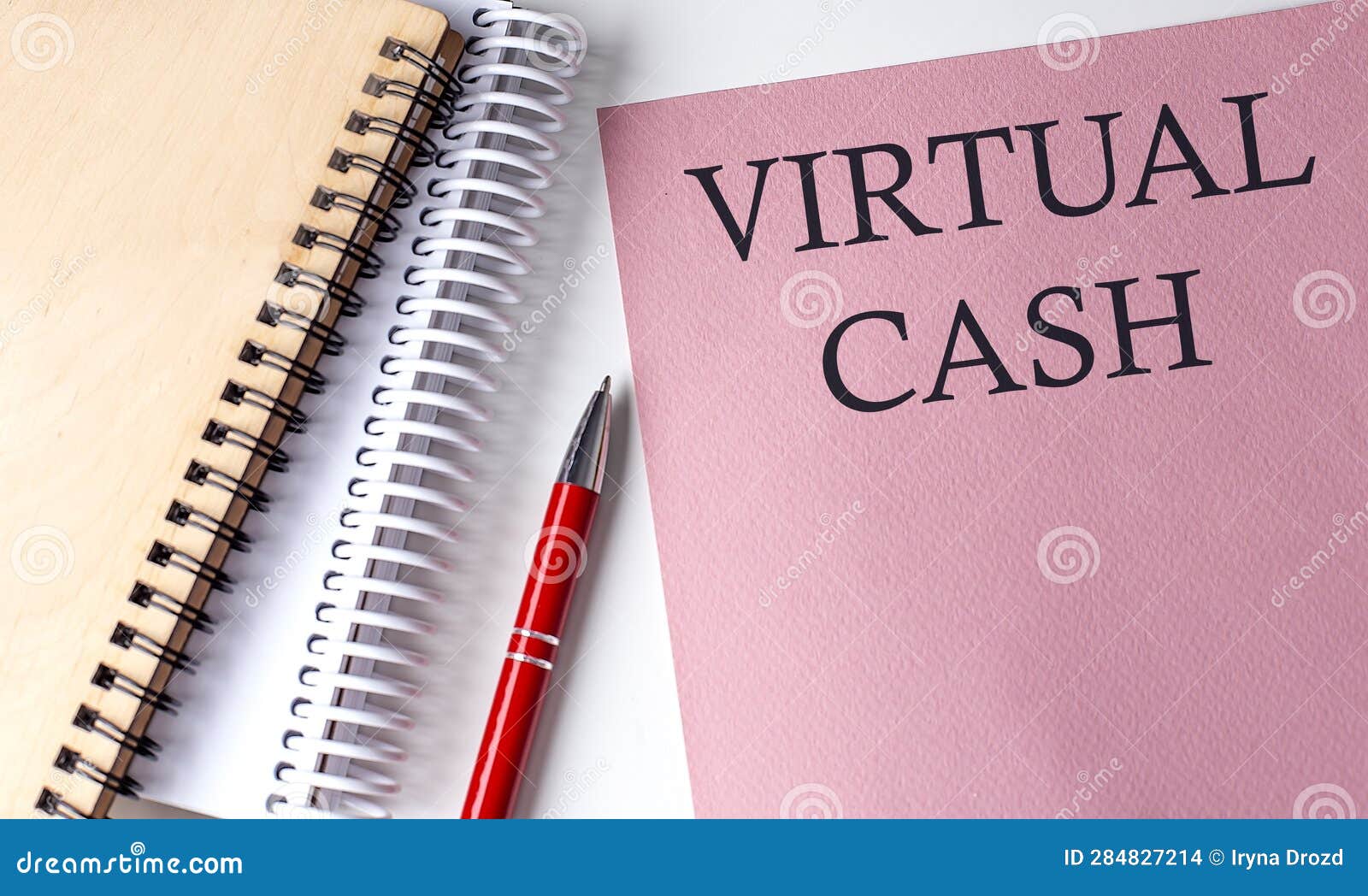 VIRTUAL CASH Word on the Pink Paper with Office Tools on White ...