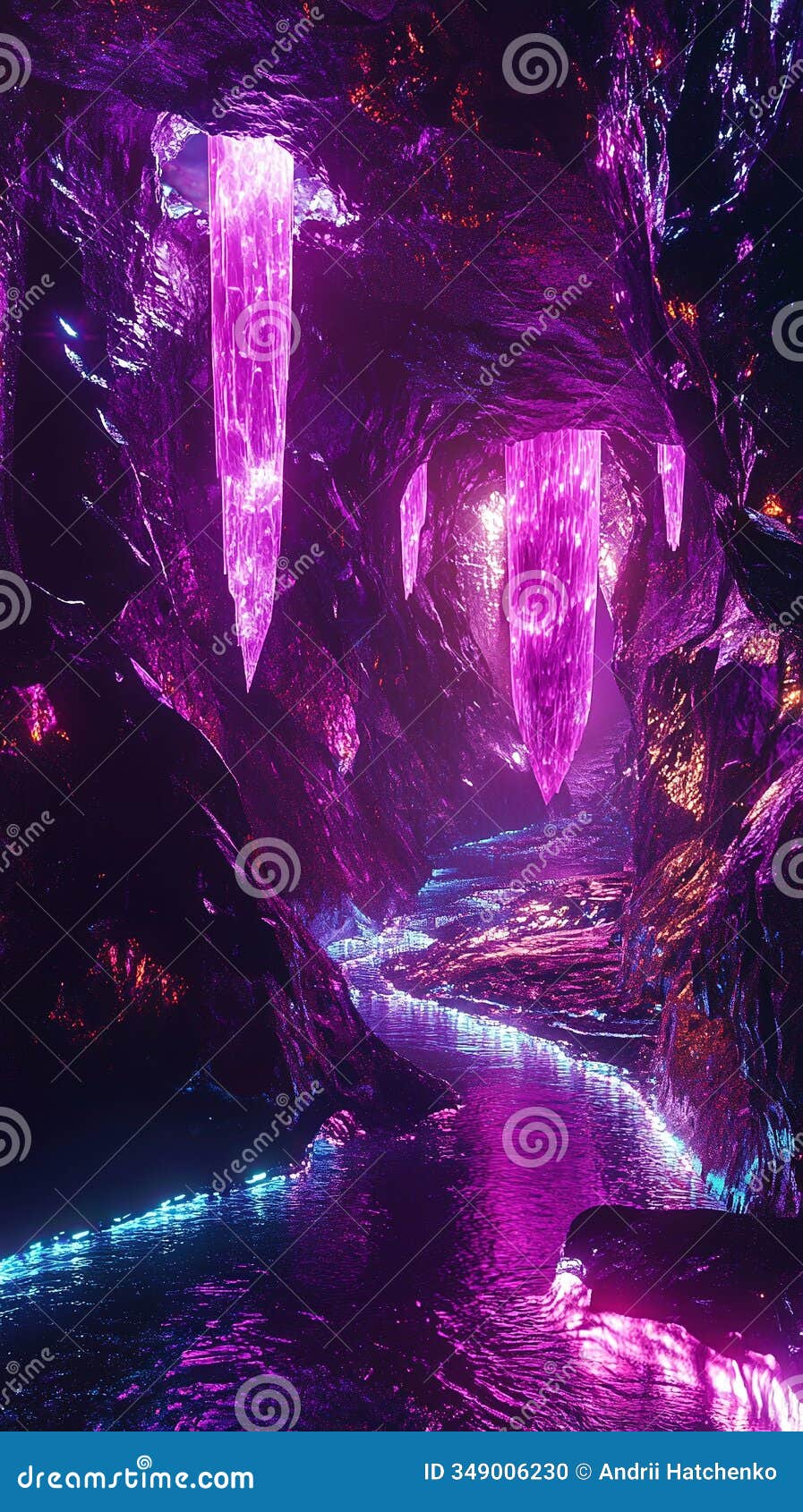 A Virtual Cave with Crystal Walls and a Glowing Digital River. Stock ...