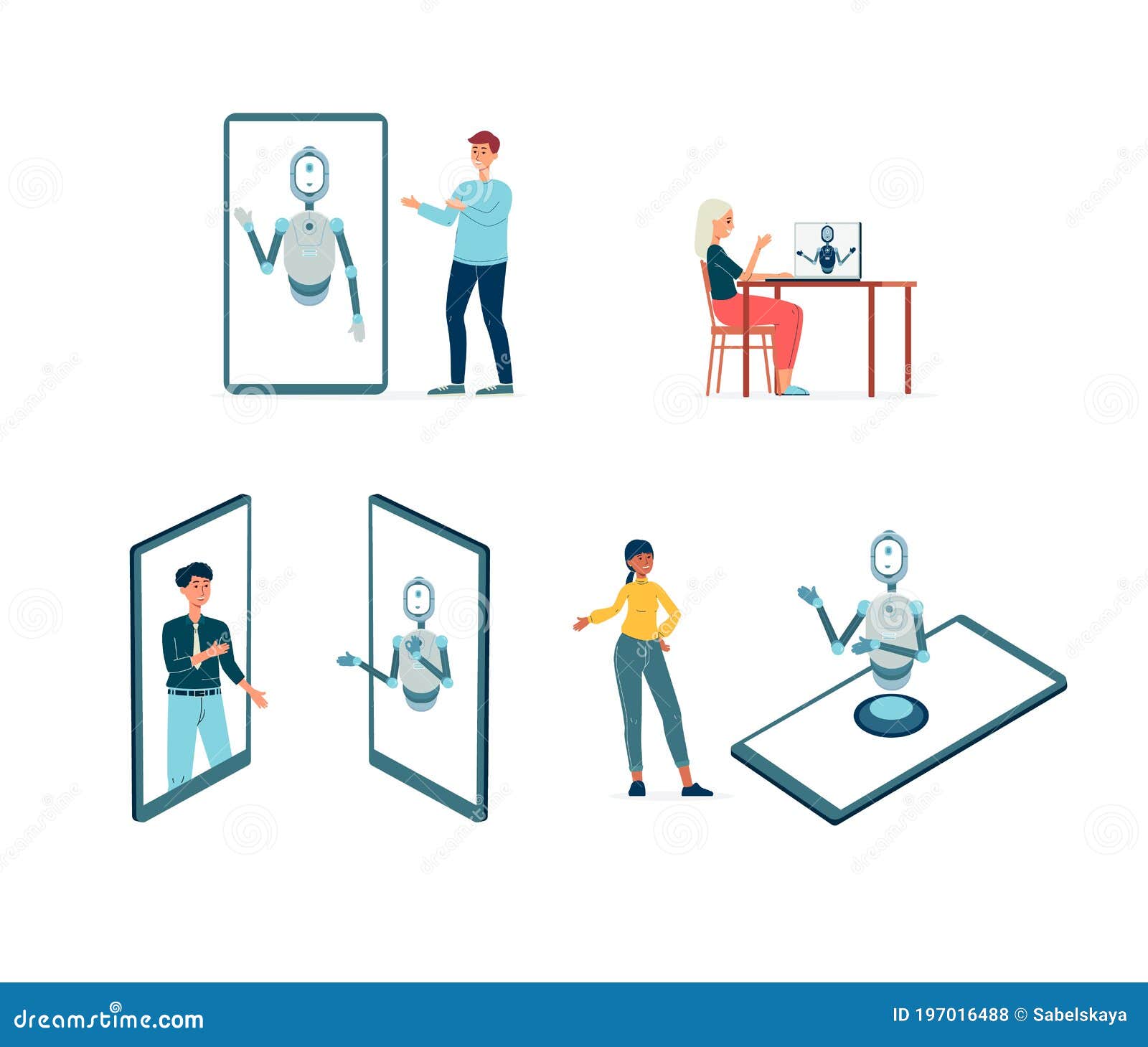 Virtual Chat Bot Set with People and Robot Flat Vector Illustration ...