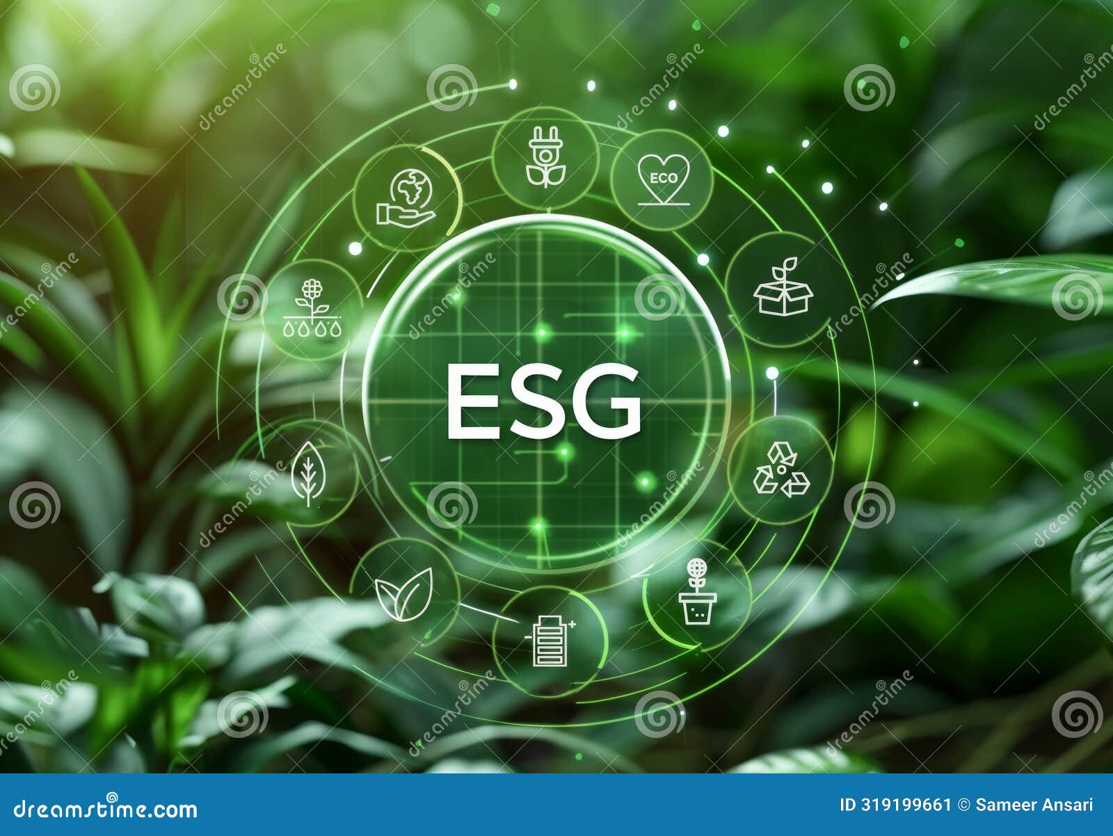 A Virtual Circle with Text ESG and Environmental Icons Stock ...