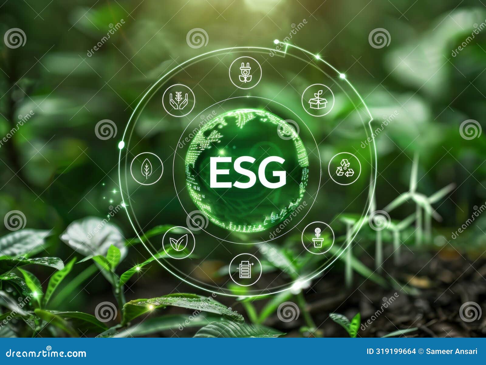 A Virtual Circle with Text ESG and Environmental Icons Stock ...