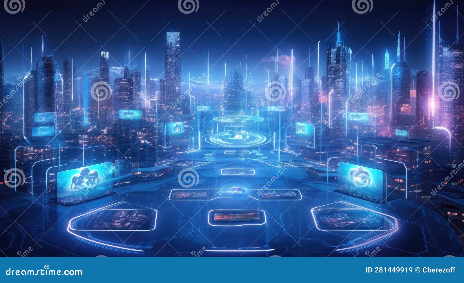 A Virtual City with Holograms and Bright Road Lines Stock Image - Image ...