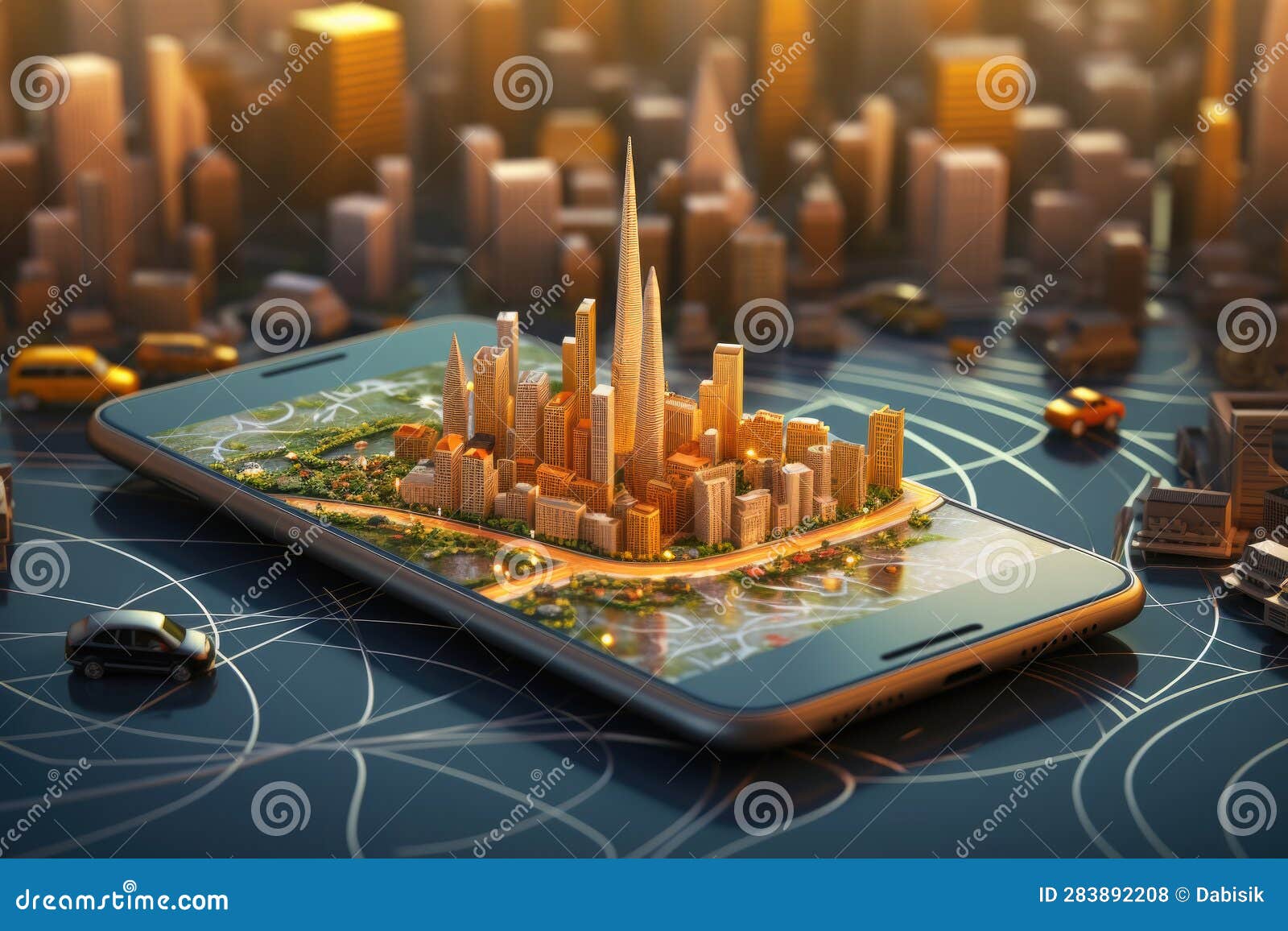Virtual City in Smartphone Screen. Augmented Reality Cityscape ...