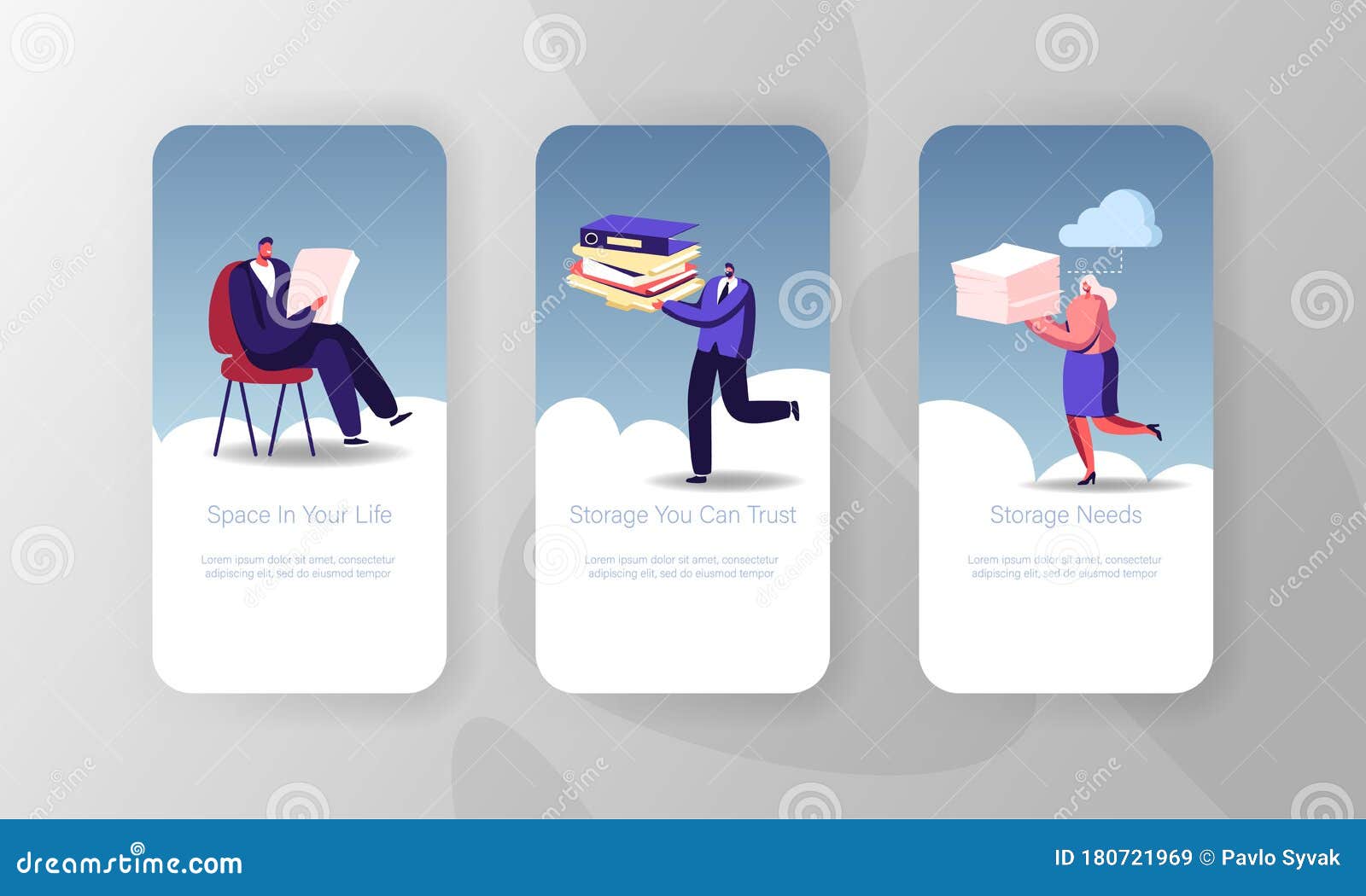 Virtual Cloud Storage Service Mobile App Page Onboard Screen Template. Tiny People Characters ...