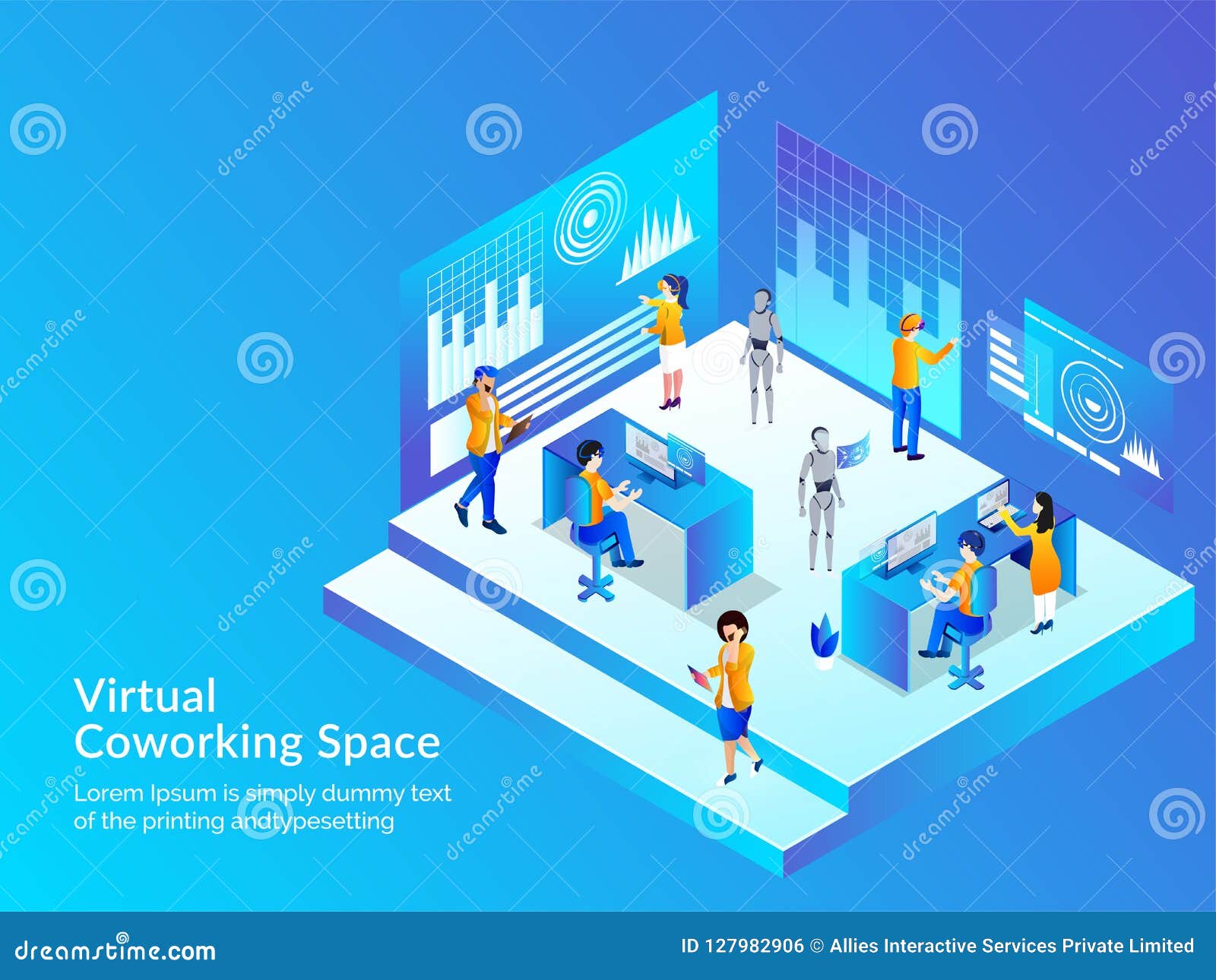 Virtual Co-Working Space Concept with Isometric Illustration of Stock ...