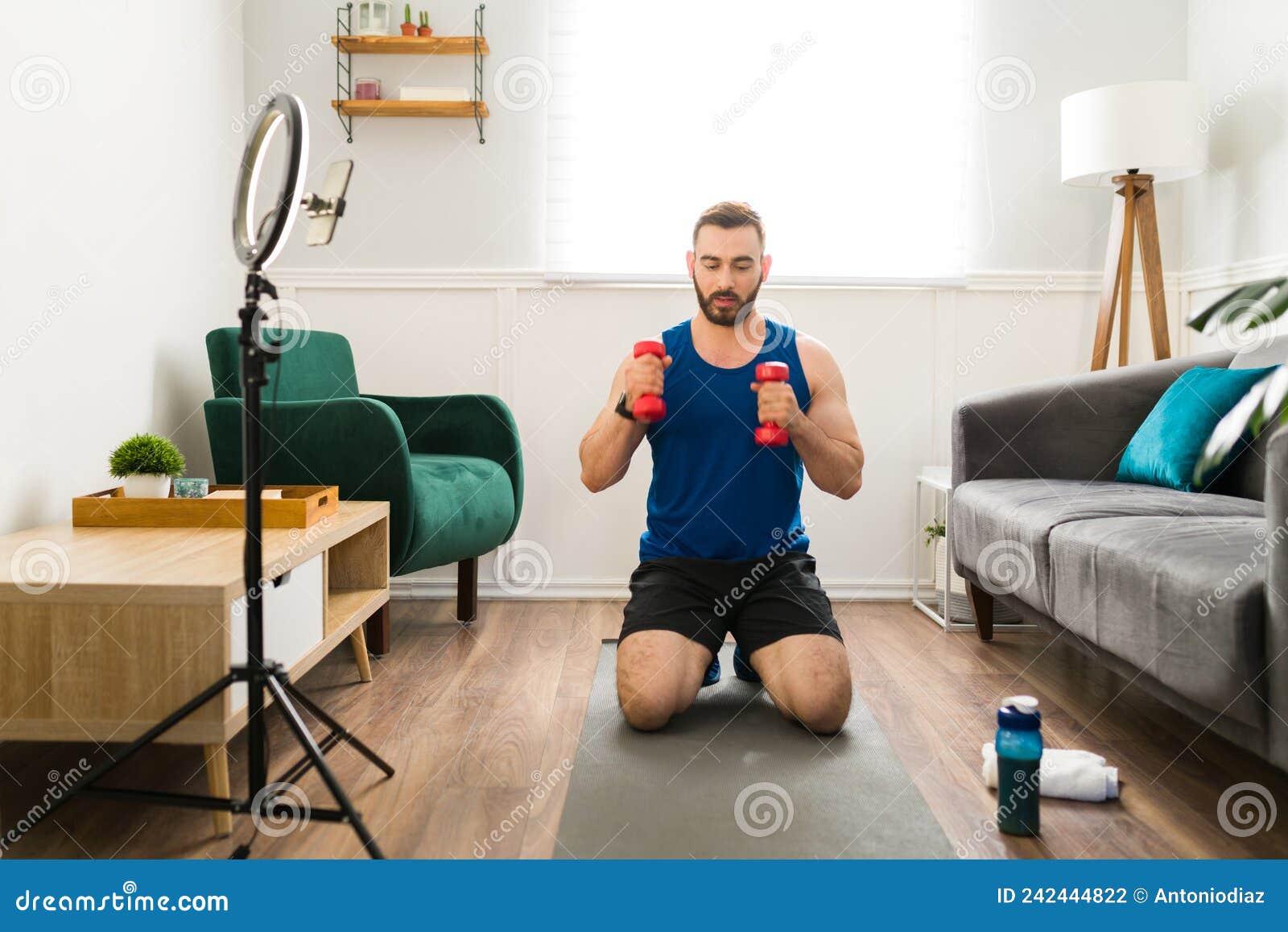 Virtual Coach Live Streaming a Workout Stock Photo - Image of happy ...