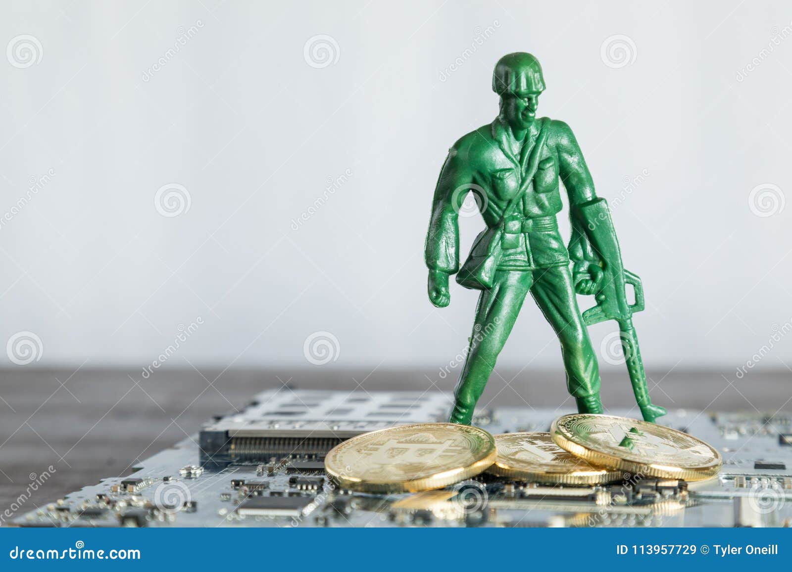 Virtual Cryptocurrency Bitcoin Concept. War Soldier Protecting D Stock ...