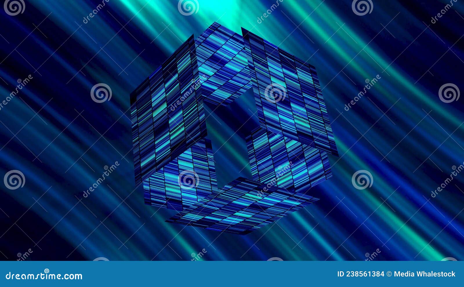 Virtual 3D Cube in Game Space. Motion. Bright Glowing Cube is ...