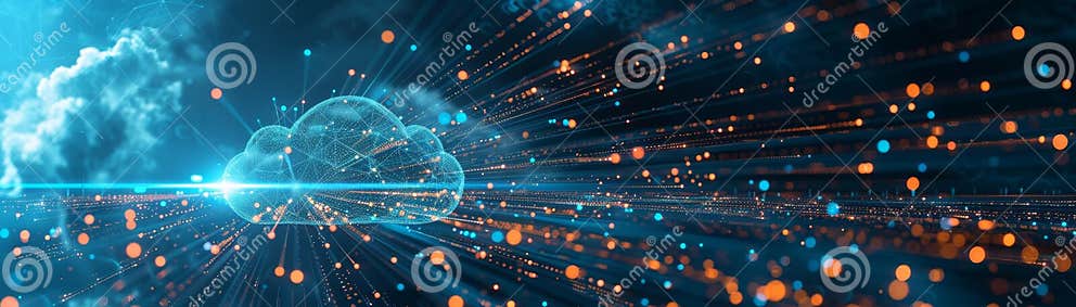 Virtual Data Pathways in Innovative Cloud Infrastructure on Blue Background with Digital ...