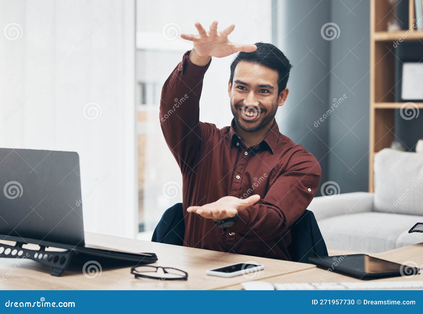 Virtual Design, Office or Business Man Gesture, Vision and Happy ...