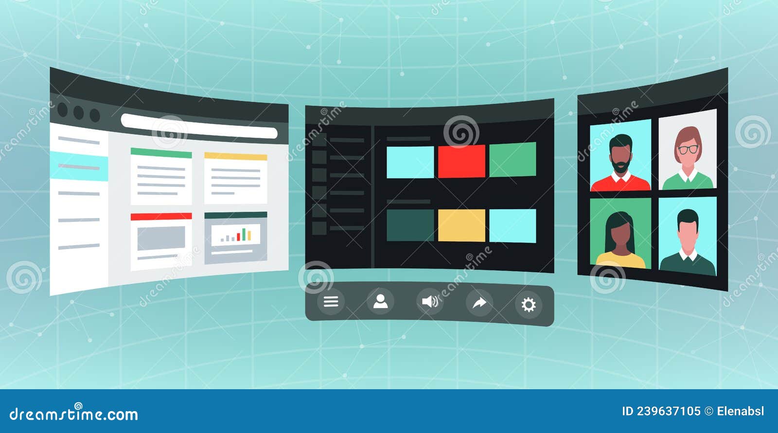 Virtual Desktop Screens with Interactive Apps Stock Vector ...