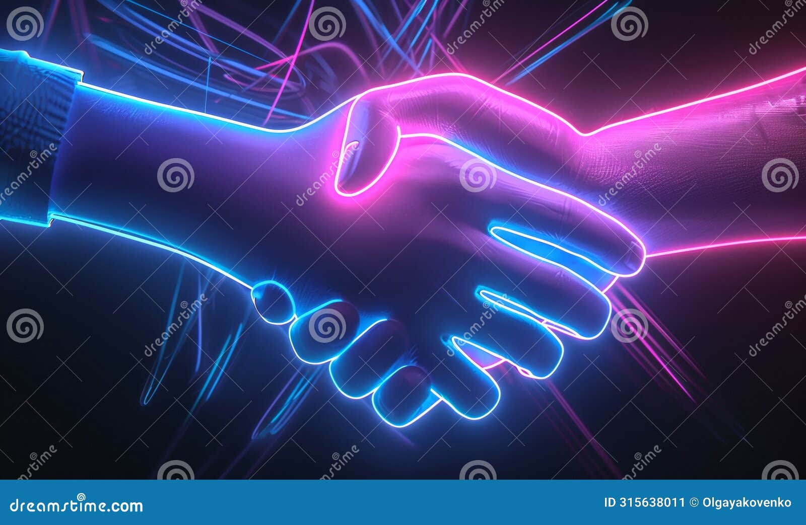 Virtual Glowing Handshake of Two Neon Hands on an Abstract Dark ...