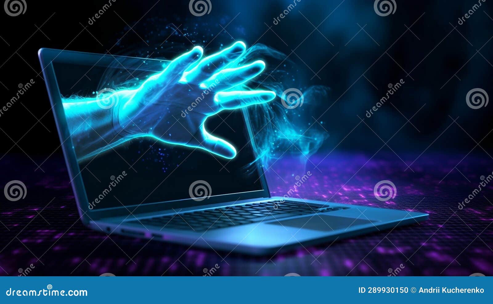 Virtual Grabbing Hand Emerging from the Laptop. Internet Crime Concept ...
