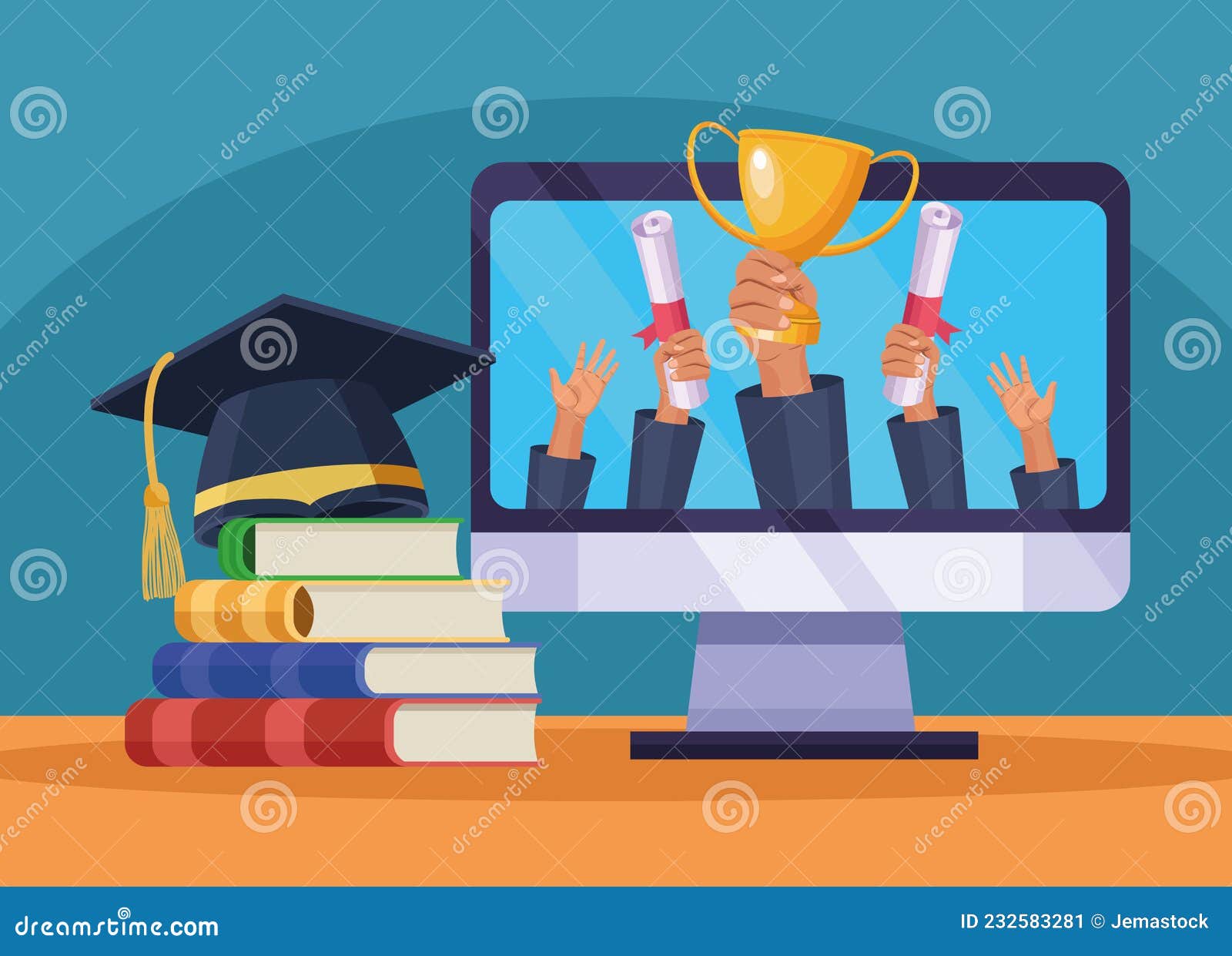 Virtual Graduation in Computer Stock Vector - Illustration of education ...