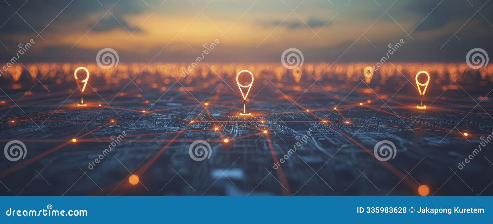 Virtual Grid City Map with Glowing Location Pins and Digital ...