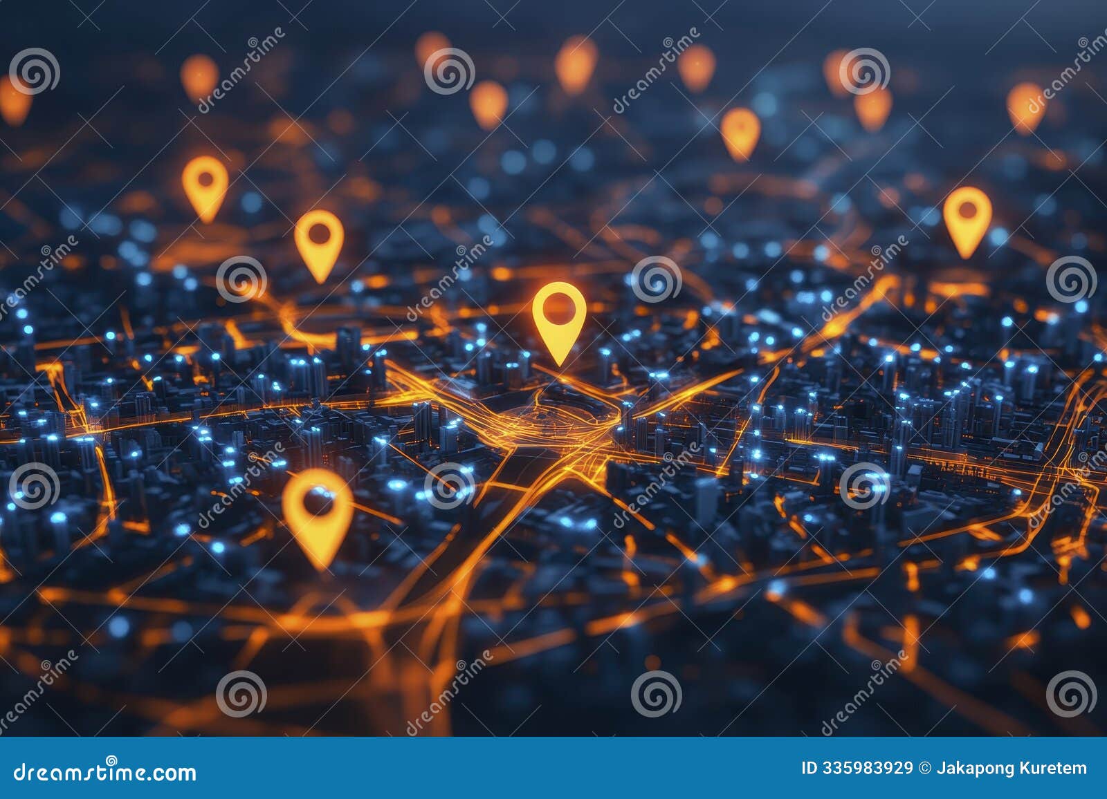 Virtual Grid City Map with Glowing Location Pins and Digital ...