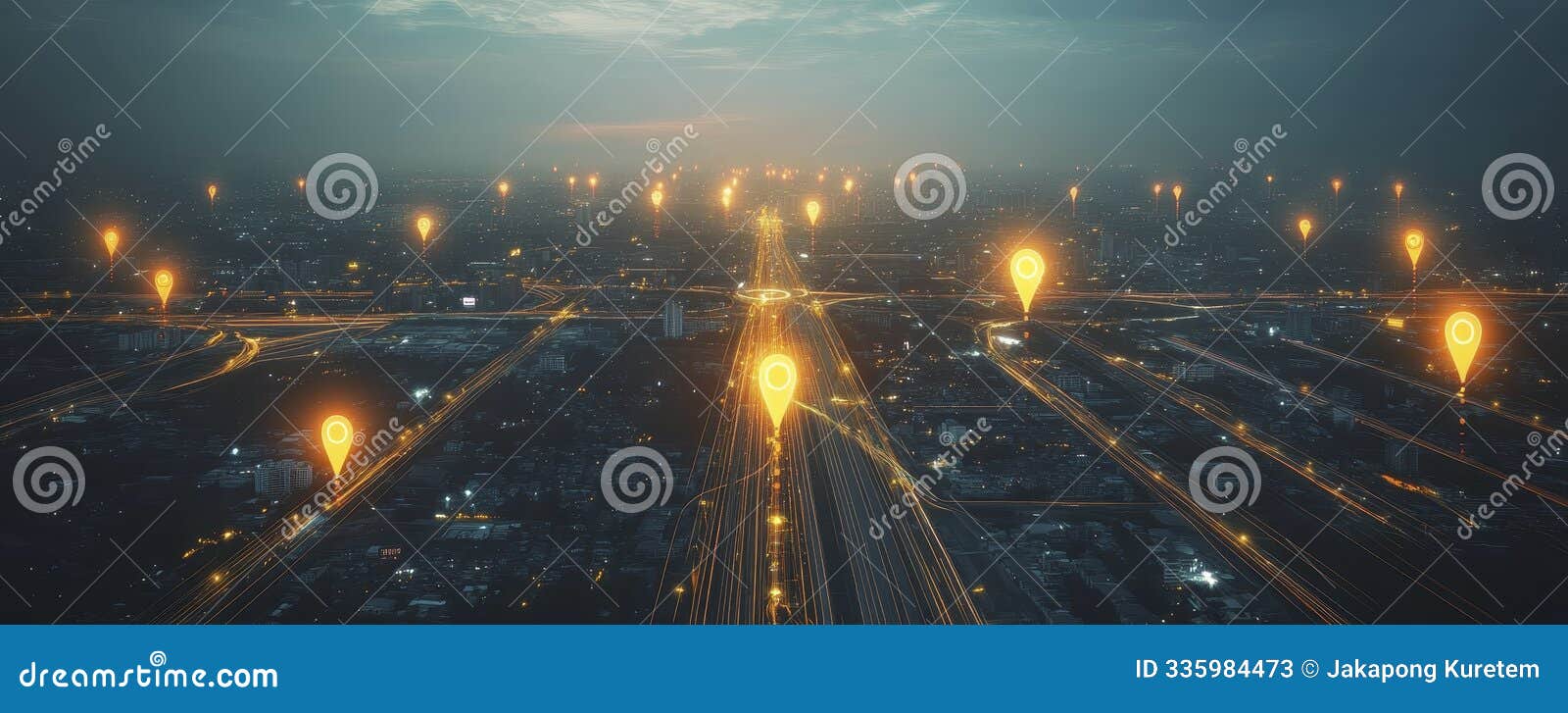 Virtual Grid City Map with Glowing Location Pins and Digital ...