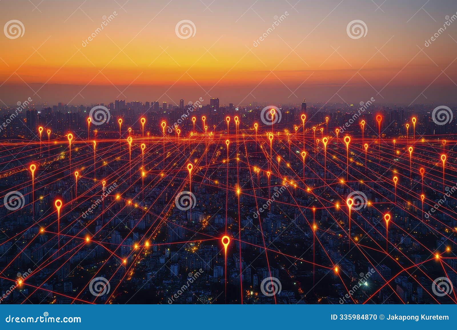 Virtual Grid City Map with Glowing Location Pins and Digital ...
