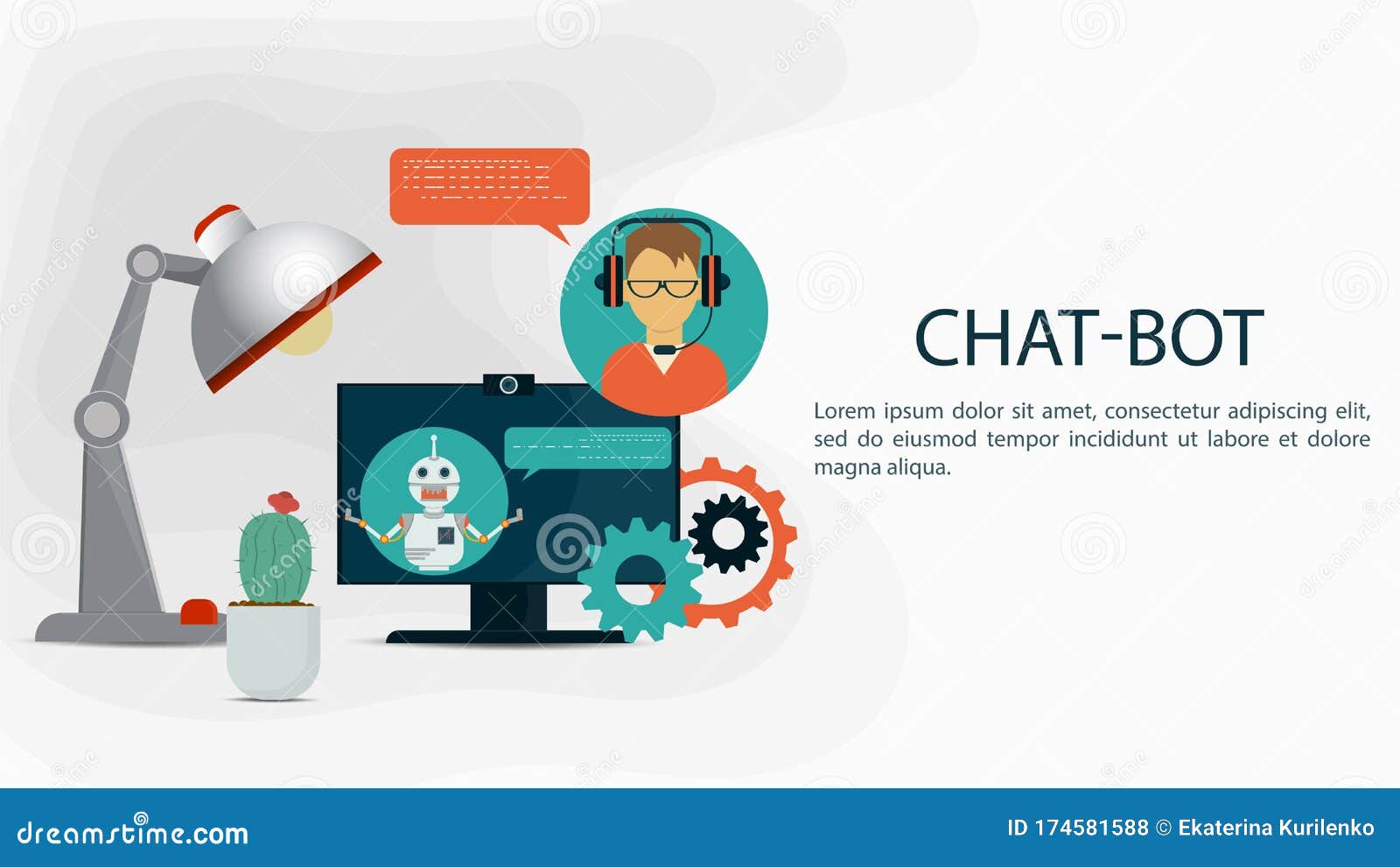 Virtual Help Chatbot Banner on Computer Monitor Next To Table Lamp for ...