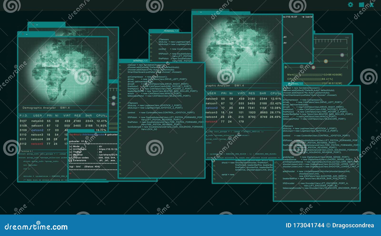 Virtual Interface or HUD Displaying Multiple Windows with Hacker Code Running on Them Stock ...