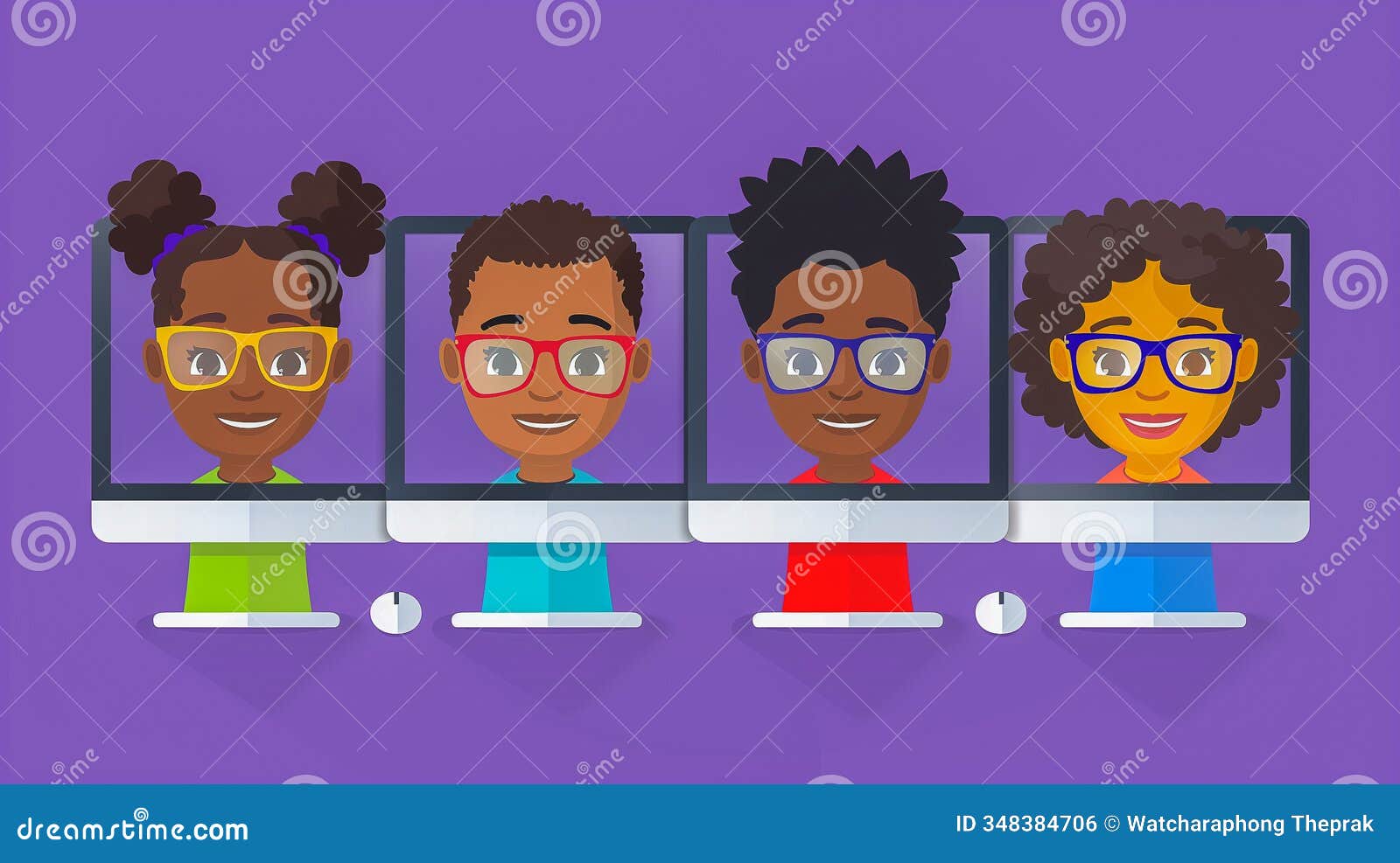 Virtual Learning Kids on Computer Screens Stock Illustration ...