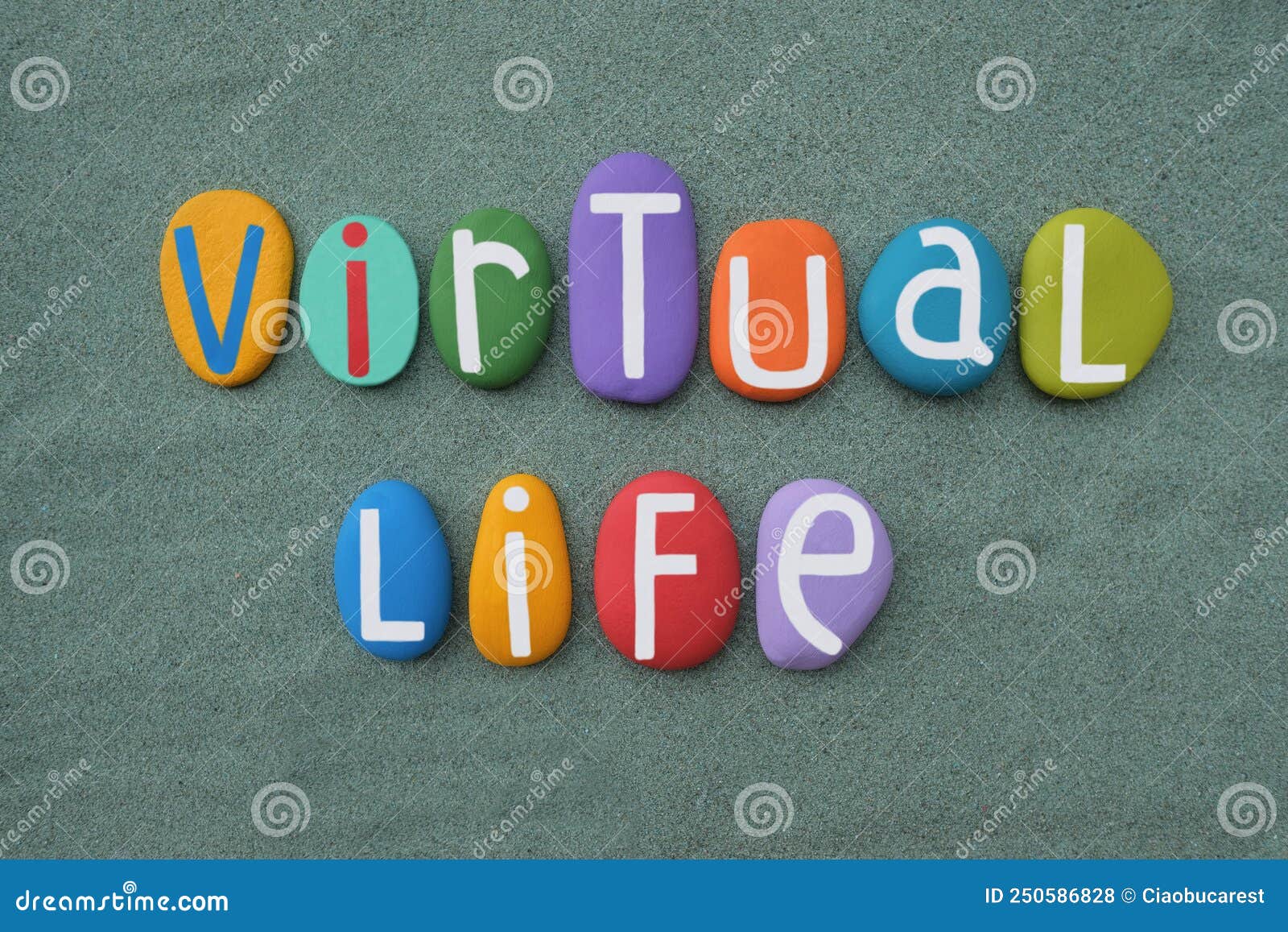 Virtual Life Logo Composed with Multi Colored Stone Letters Over Green ...