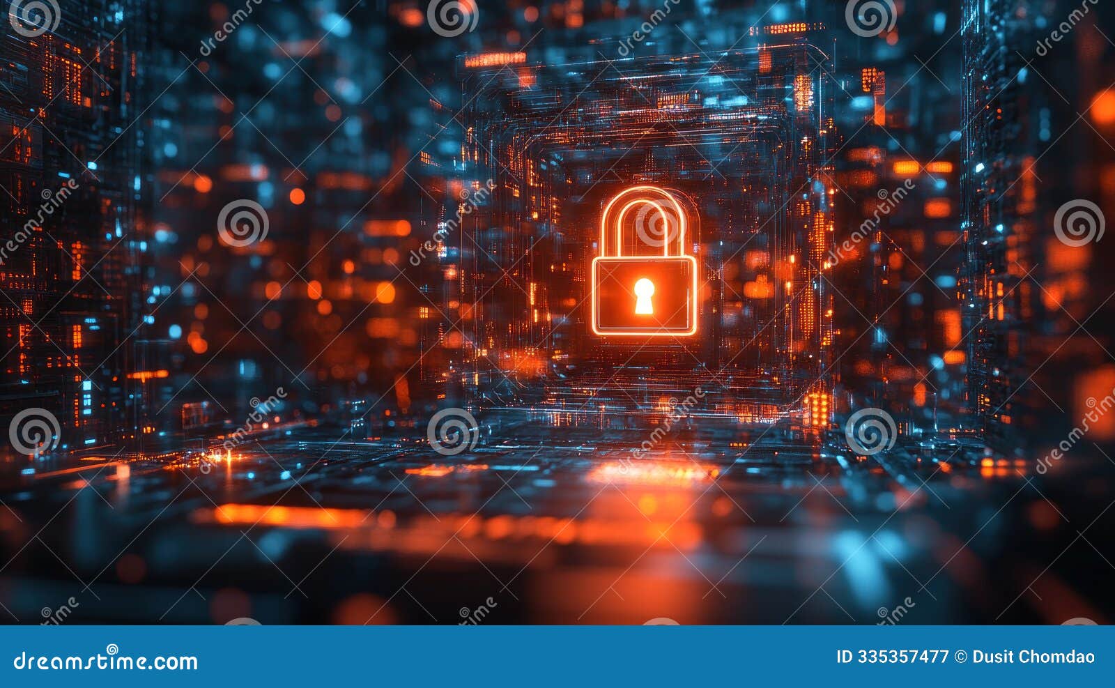 A Virtual Lock Floating in Mid Air, Surrounded by Glowing Digital ...