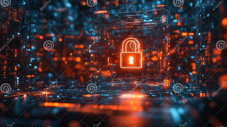 A Virtual Lock Floating in Mid Air, Surrounded by Glowing Digital ...