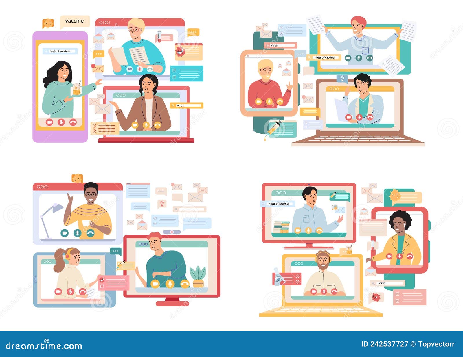Virtual Meeting, Online Teamwork. Computer with Group of Colleagues ...