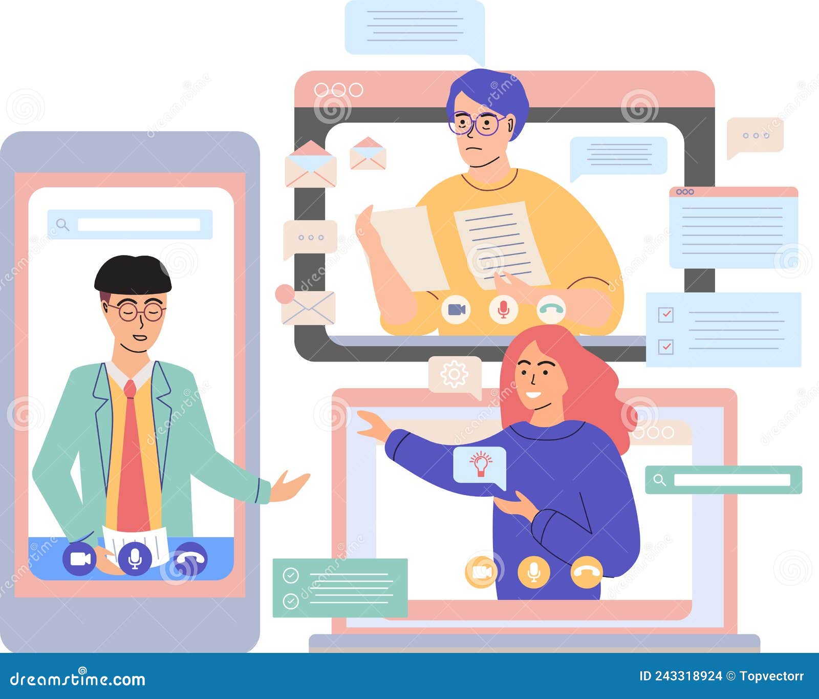 Virtual Meeting, Online Teamwork. Computer with Group of Colleagues ...
