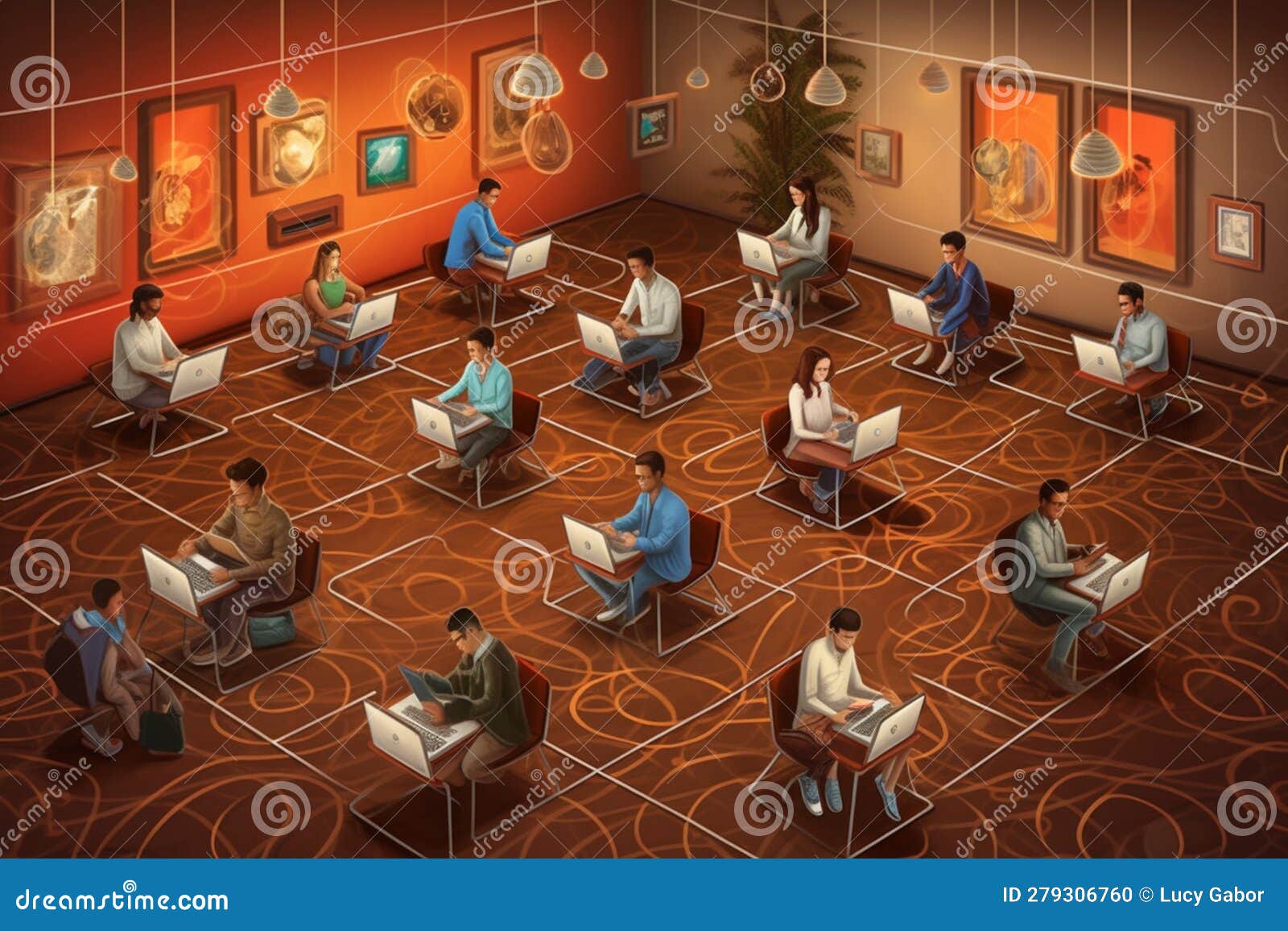 A Virtual Net of Students Sitting at Their Laptops Communicating Stock ...