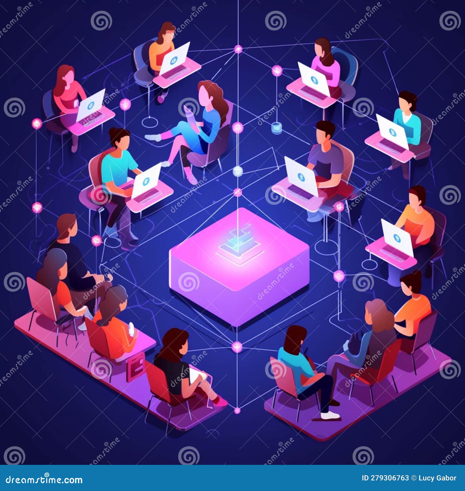 A Virtual Net of Students Sitting at Their Laptops Communicating Stock ...