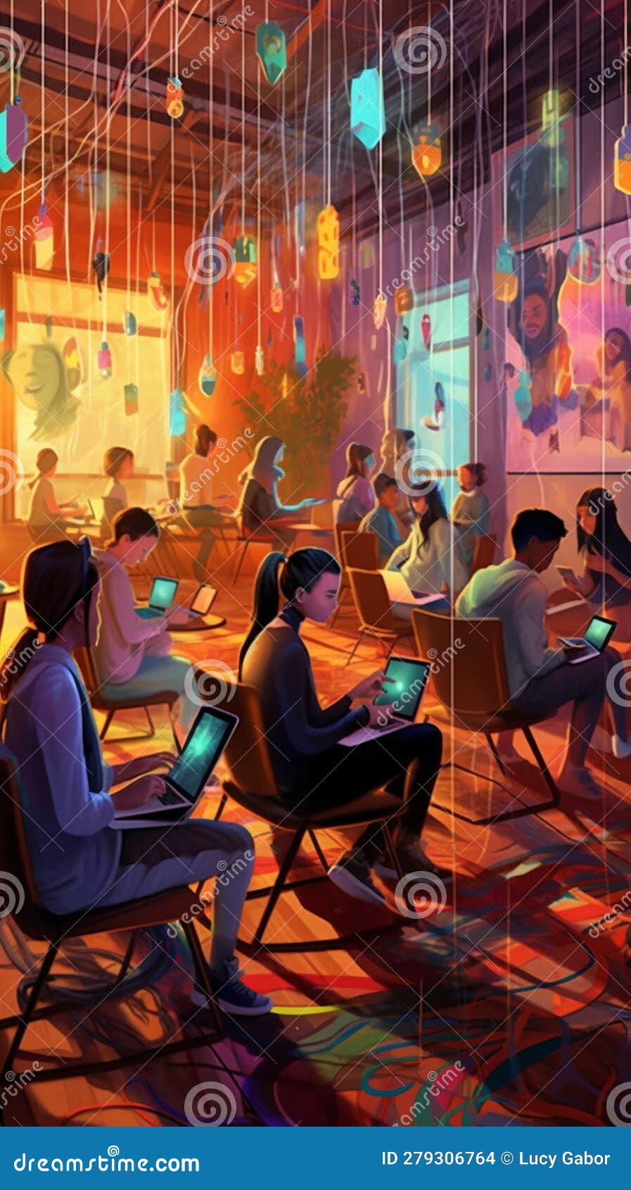 A Virtual Net of Students Sitting at Their Laptops Communicating Stock ...