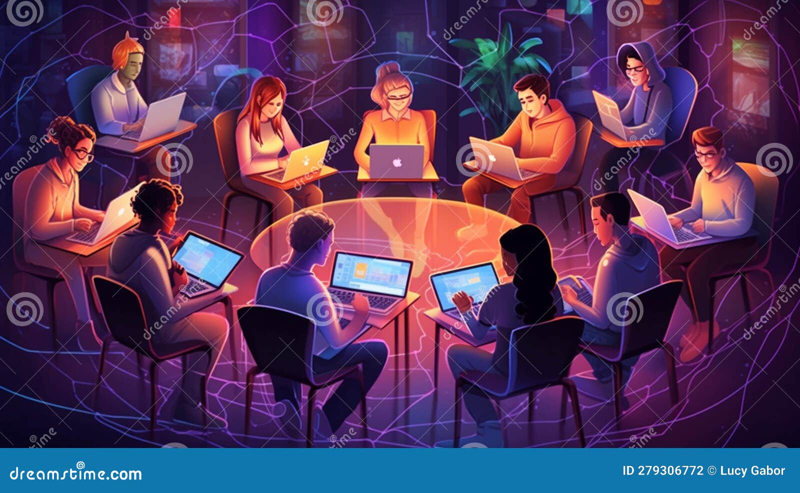 A Virtual Net of Students Sitting at Their Laptops Communicating Stock ...