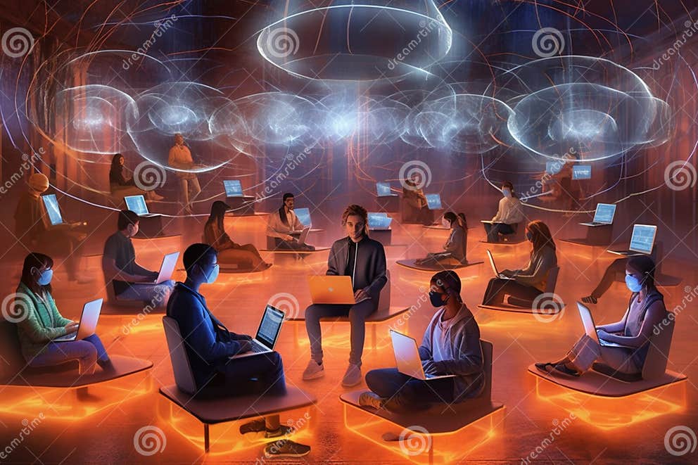 A Virtual Net of Students Sitting at Their Laptops Communicating Stock ...