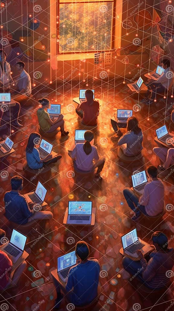 A Virtual Net of Students Sitting at Their Laptops Communicating Stock ...